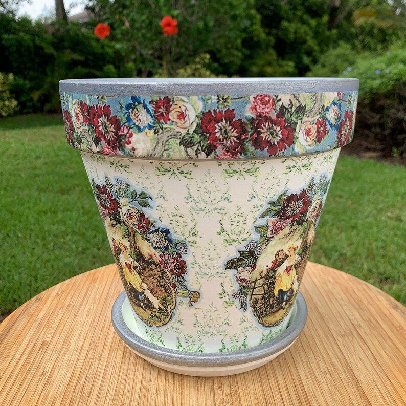 French Toile Planter Cameo Rose Flower Pot Farmhouse Decor | Etsy