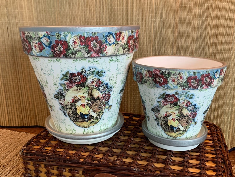 French Toile Planter Cameo Rose Flower Pot Farmhouse Decor | Etsy