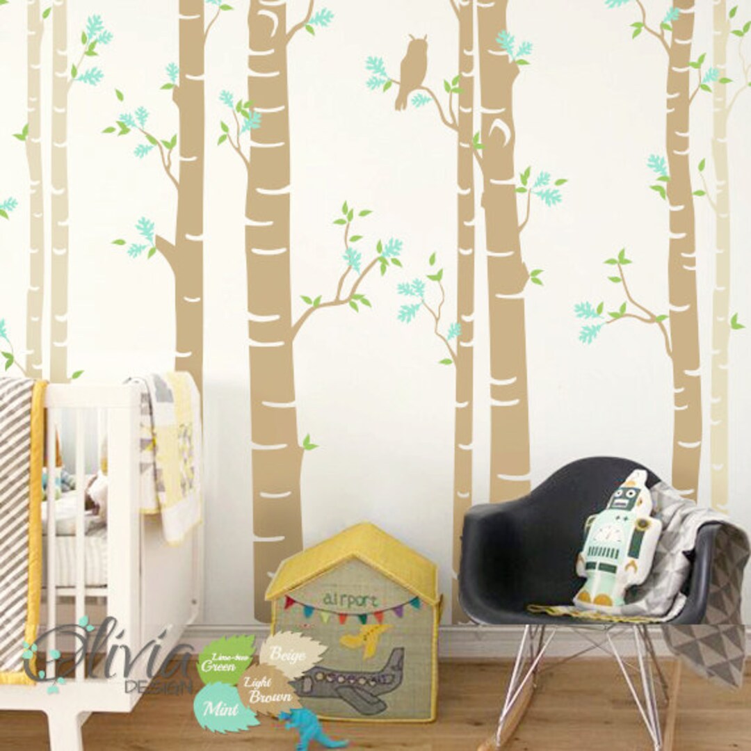 Set of 9 Large Forest Birch Tree Vinyl Wall Decals, Stickers With Owl ...