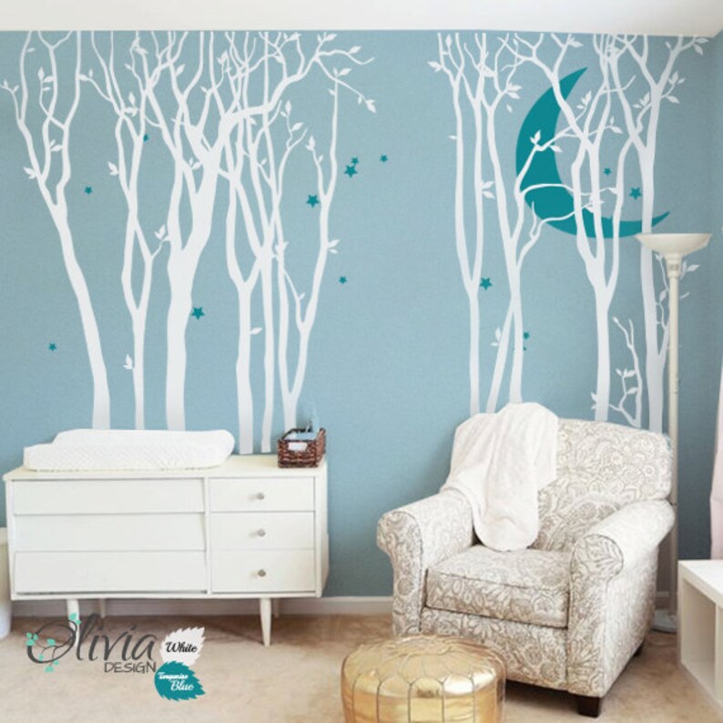 Large Forest Tree Wall Mural With Moon & Stars Wall Decal - Etsy