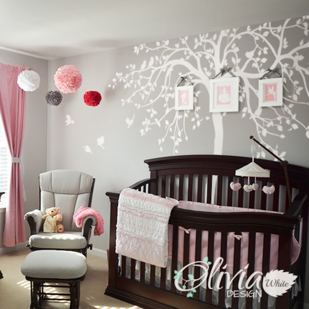 WHITE Nursery Tree Wall Decal Huge Kids Room Tree Decor Large Tree ...