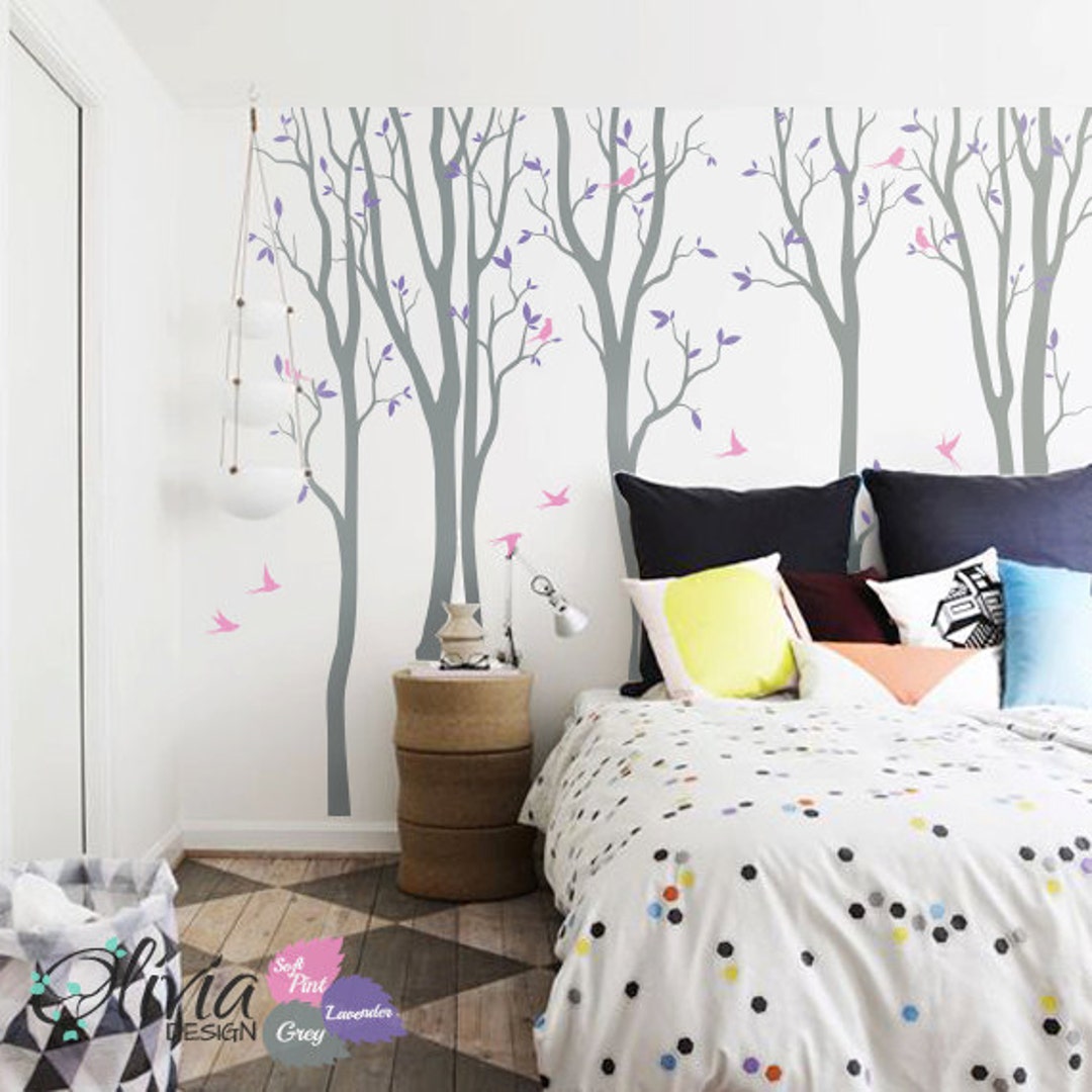 Set of Large Forest Spring Tree Vinyl Wall Decals, Swallows Birds ...