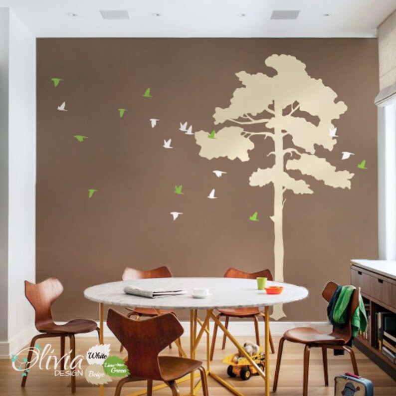 Large Pine Tree vinyl home wall decal Birds mural Removable | Etsy