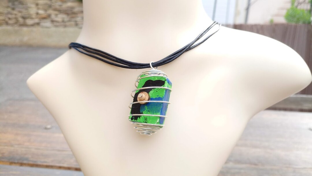 Perfect Gift, Black Leather Neck Necklace, Cage Pendant, Green and ...