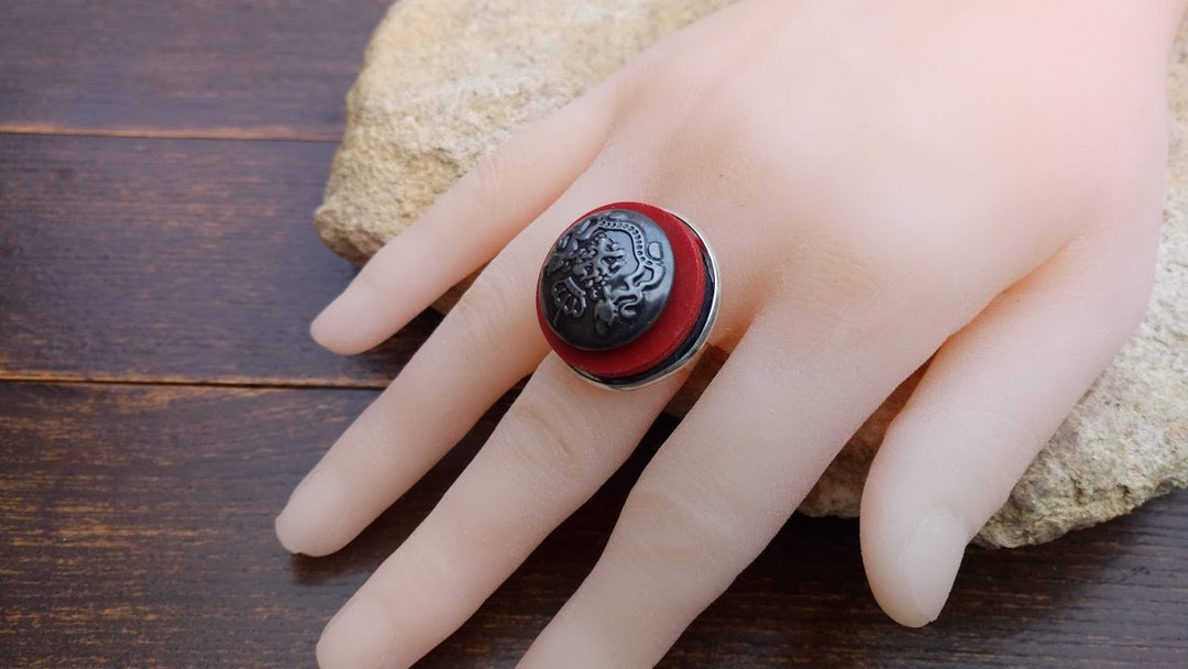 Perfect Gift, Antique Dark Silver Round Cabochon Button Ring, Set on ...