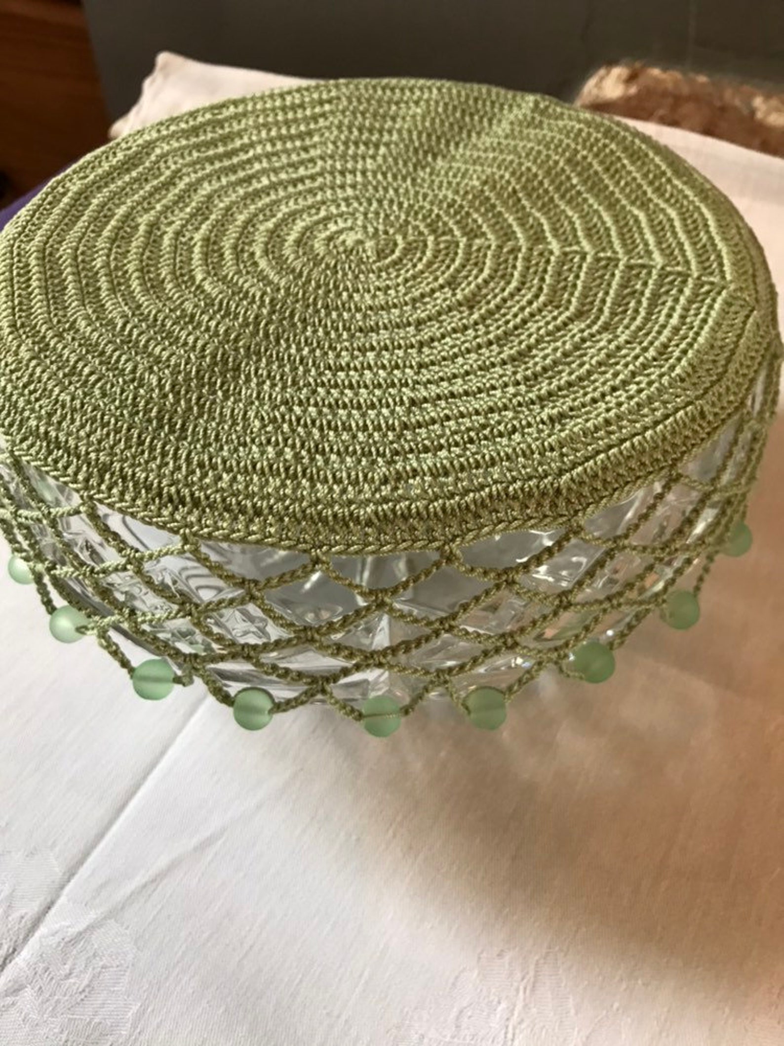 Vintage Inspired Crochet Beaded Bowl/jug Cover Pale Green - Etsy