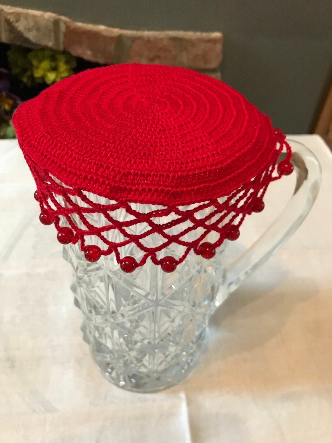 Vintage Inspired Crochet Beaded Jug Cover Colour Bright Red - Etsy