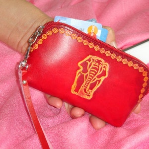 Genuine Leather Wristlet Change Purse. Red Elephant Pattern Embossed on ...