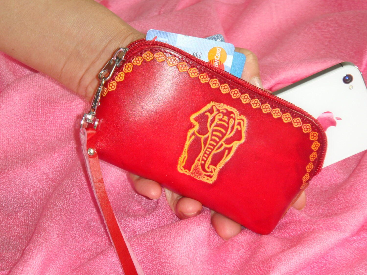 Genuine Leather Wristlet Change Purse. Red Elephant Pattern - Etsy