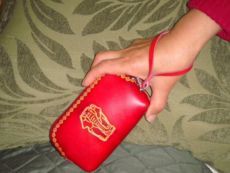 Genuine Leather Wristlet Change Purse. Red Elephant Pattern - Etsy