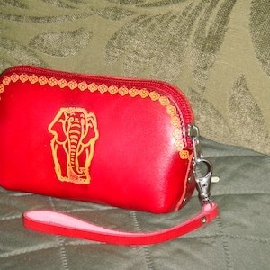 Genuine Leather Wristlet Change Purse. Red Elephant Pattern Embossed on ...