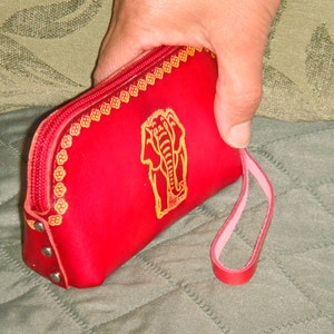 Genuine Leather Wristlet Change Purse. Red Elephant Pattern Embossed on ...
