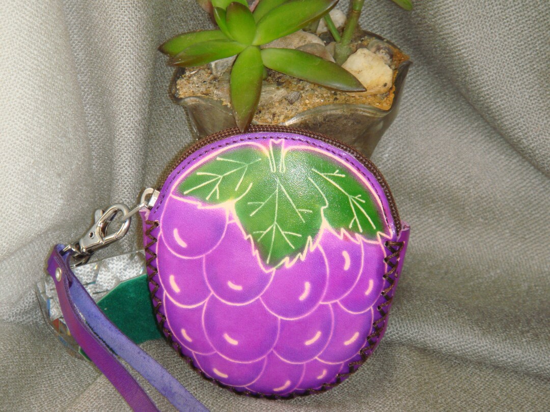 Genuine Leather Change Purse With Wristlet Strap, Fruit Shape Purple ...