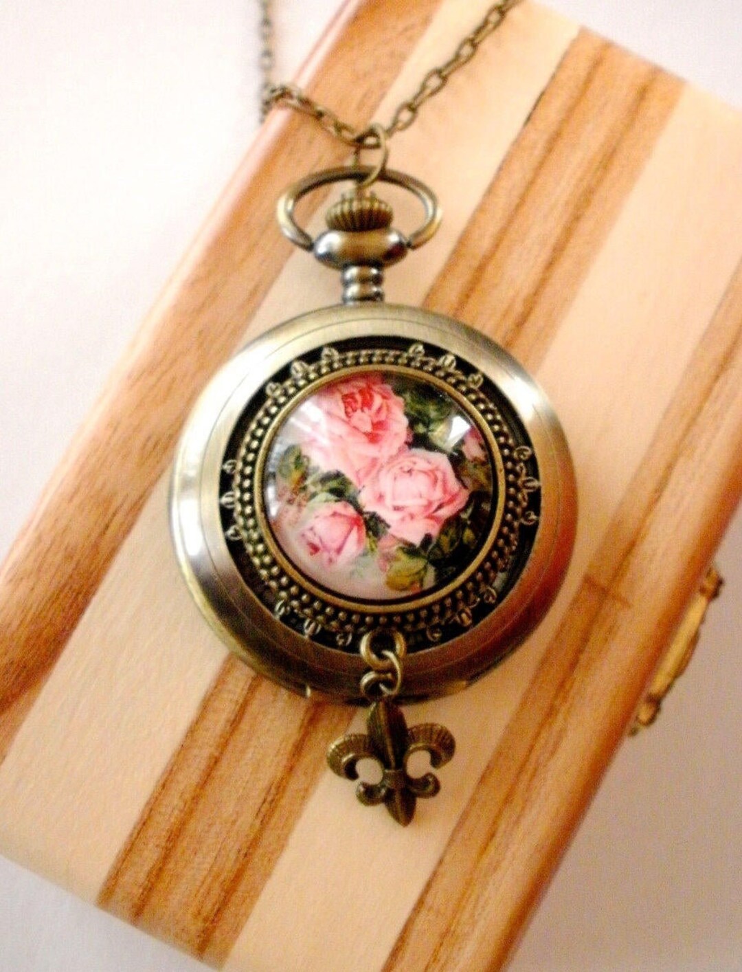 Fleur De Lis Watch Necklace, Rose Garden Watch Necklace, Floral Design ...