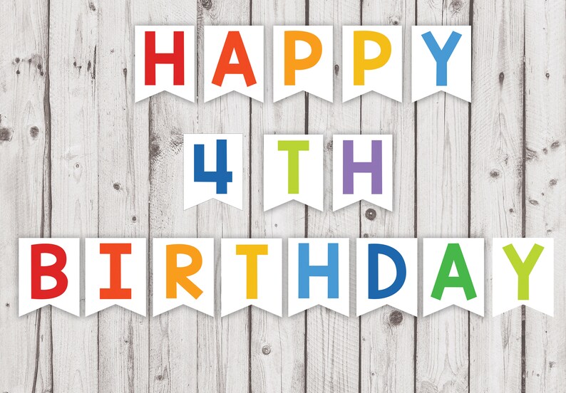 4th birthday printable banner rainbow color party pennant | Etsy