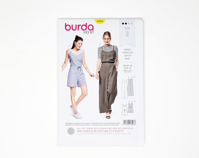 Burda 6408 Sewing Pattern Misses' EASY Overalls Jumpsuit Wide Leg ...