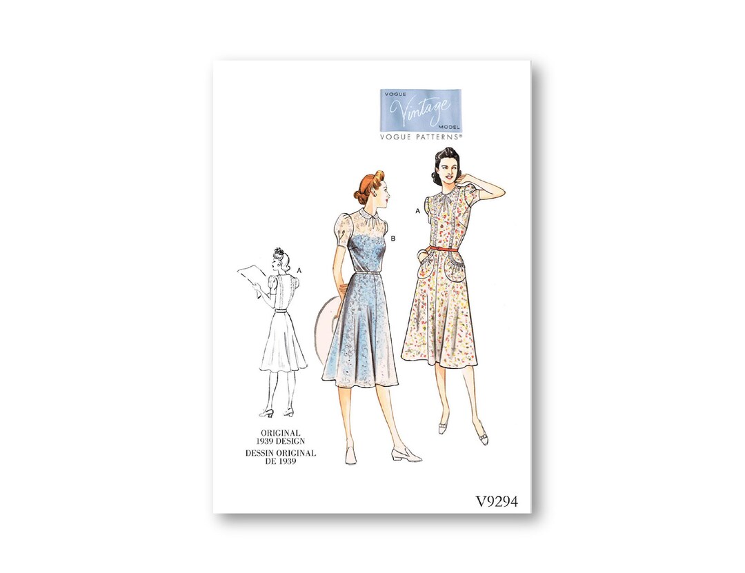 1930s Day Dress- Vogue Pattern- Fitted Bodice, Gathered Short Sleeves ...