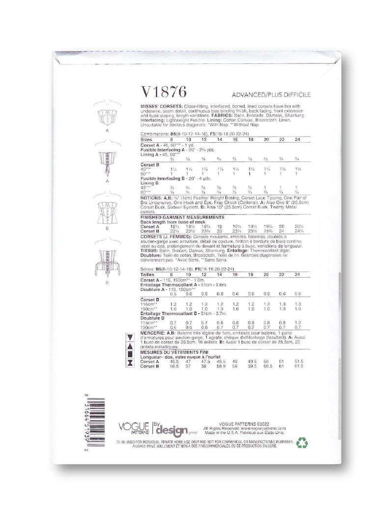Corset Sewing Pattern- Vogue Patterns- Corset/stays With Two Variations ...