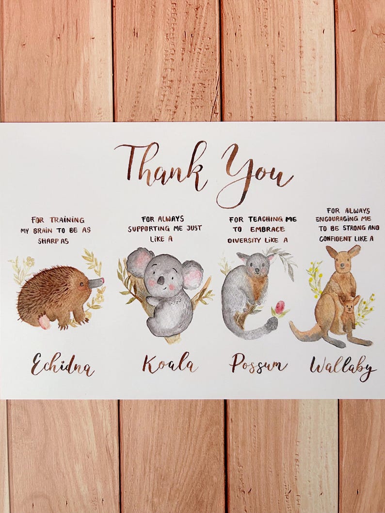 Australian Animals Thank You Card: Watercolor Teacher Appreciation - Etsy