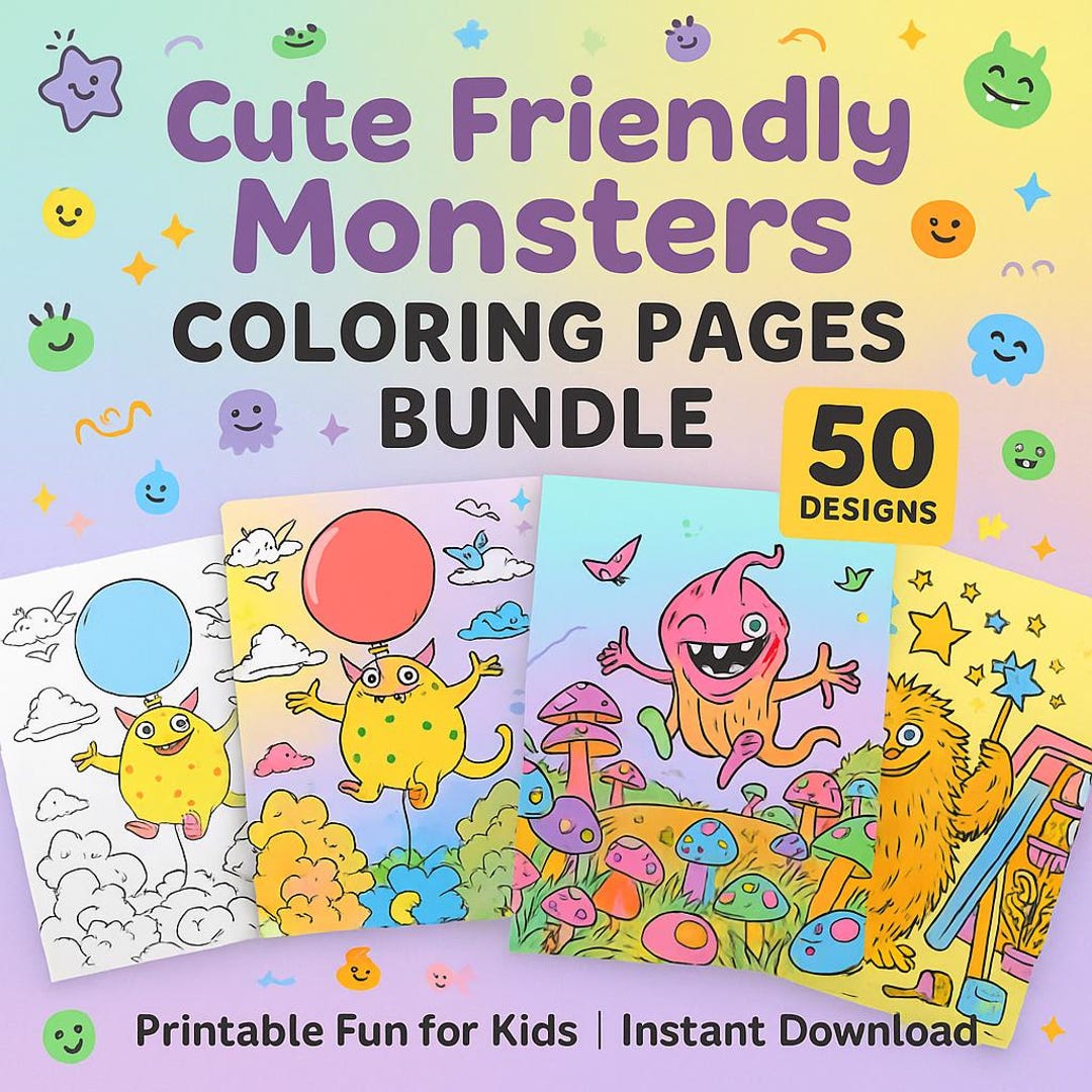Cute Friendly Monsters - 50 Coloring Pages Bundle - Etsy
