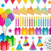 Happy Birthday Clipart PNG Rainbow Party Items Balloons Gift Box ...