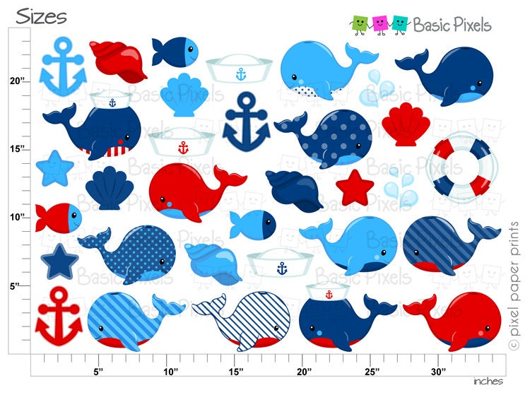 Nautical Whales Clipart Digital Clip Art Personal and | Etsy