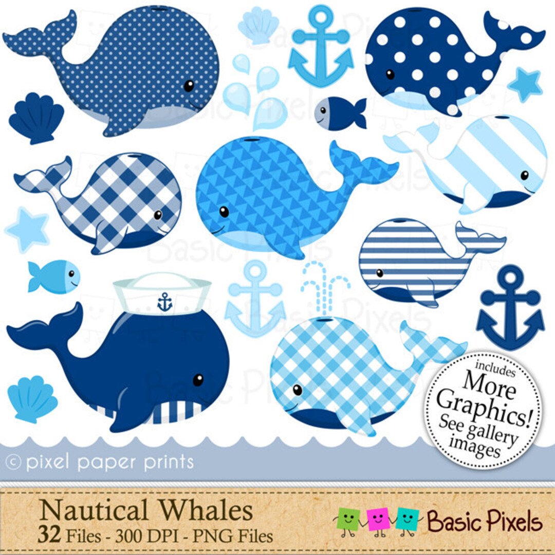 Nautical Whales Clipart- Digital Clip Art - Personal and Commercial Use ...