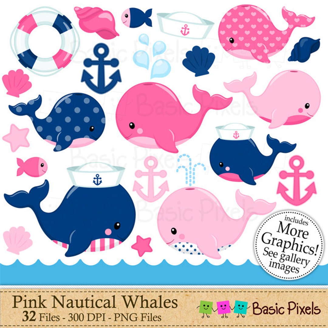 Nautical Pink Whales Clipart- Digital Clip Art - Personal and ...