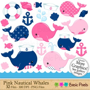 Nautical Pink Whales Clipart- Digital Clip Art - Personal and ...