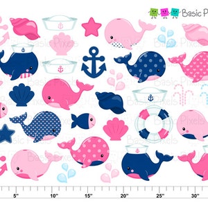 Nautical Pink Whales Clipart- Digital Clip Art - Personal and ...