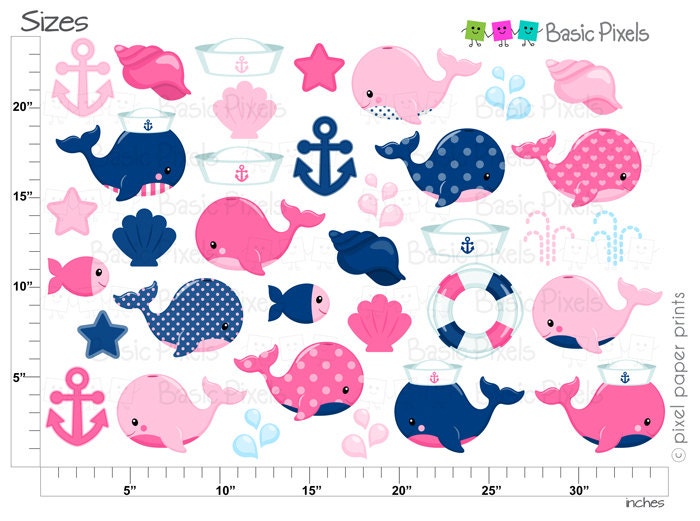 Nautical Pink Whales Clipart- Digital Clip Art - Personal and ...
