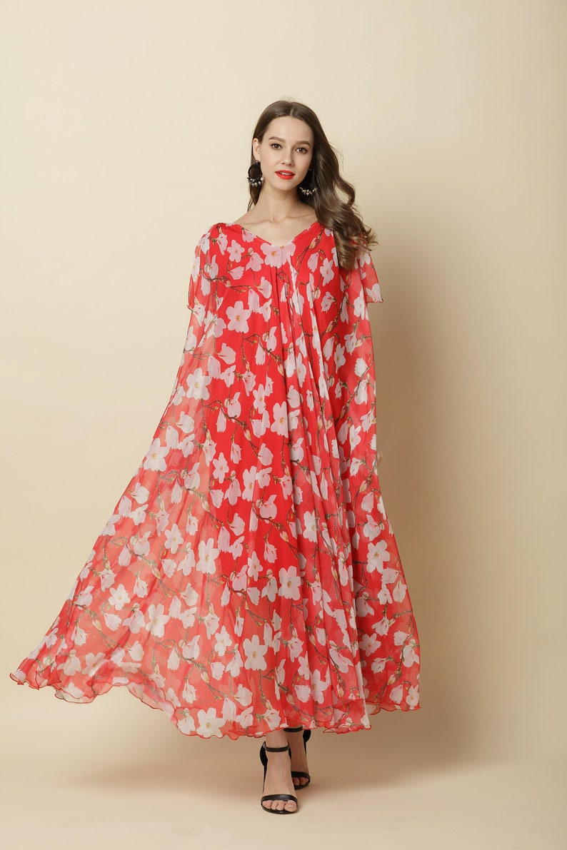 110 Colors Chiffon Red Flower Long Party Dress Short Sleeve - Etsy