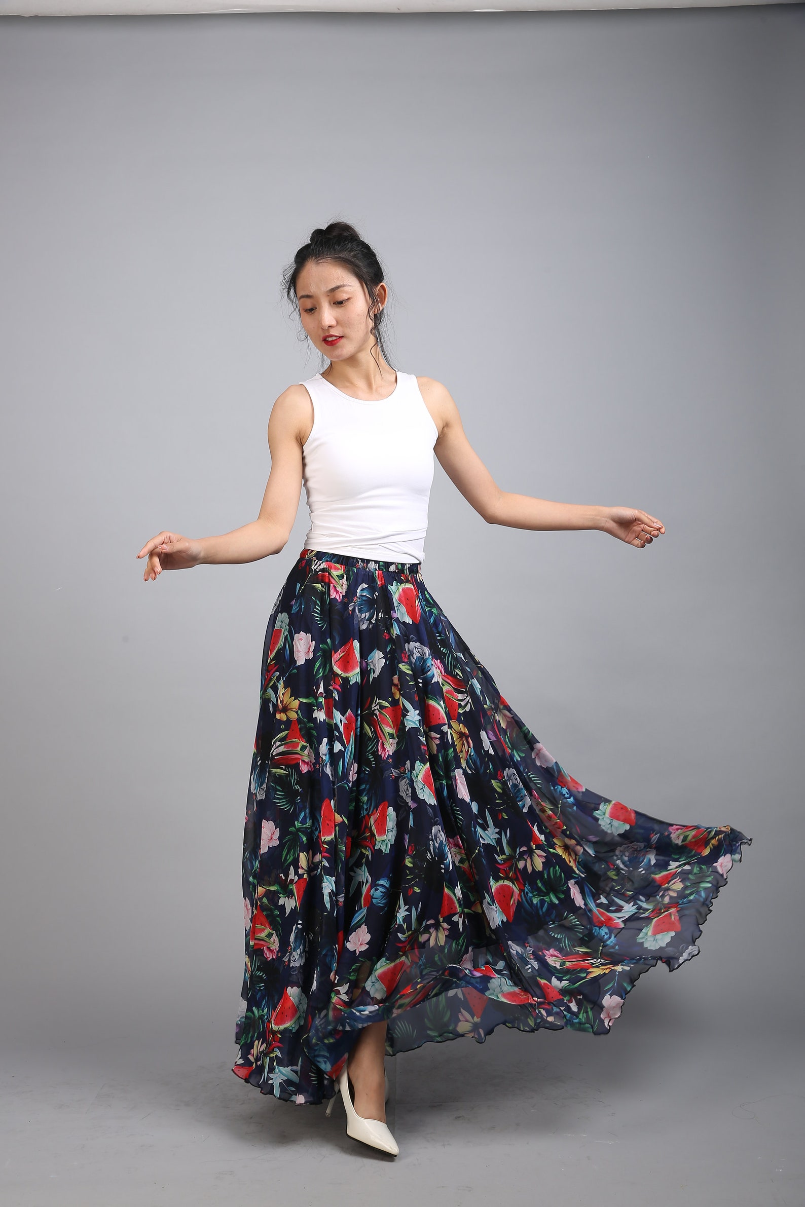 100 Colors Chiffon High Quality Dark Blue Floral Long Party - Etsy