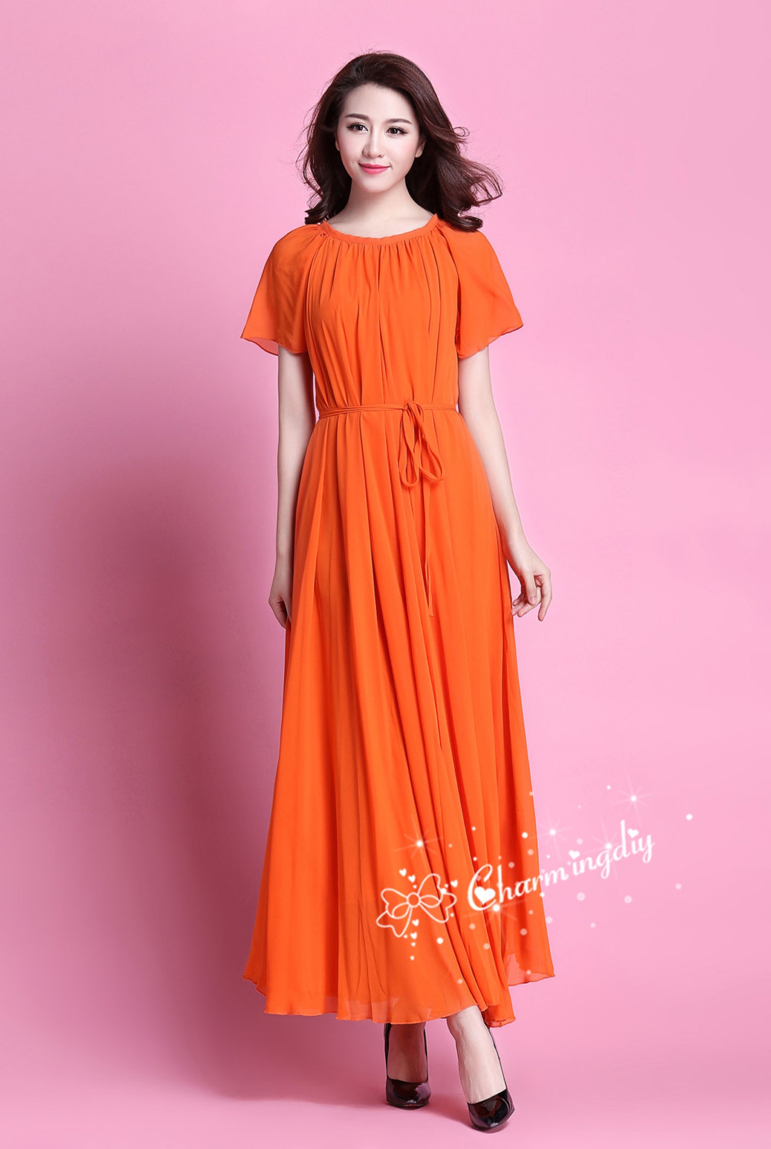 110 Colors Chiffon Orange Short Sleeve Long Party Dress - Etsy