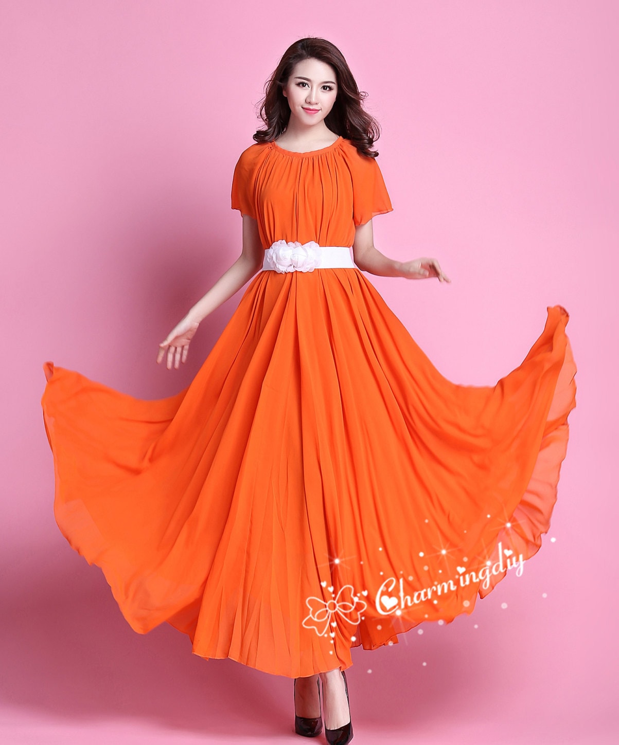 110 Colors Chiffon Orange Short Sleeve Long Party Dress | Etsy