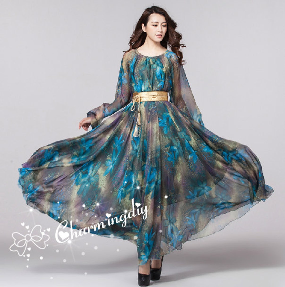 110 Colors Chiffon Blue Floral Autumn Long Sleeve Party Big - Etsy
