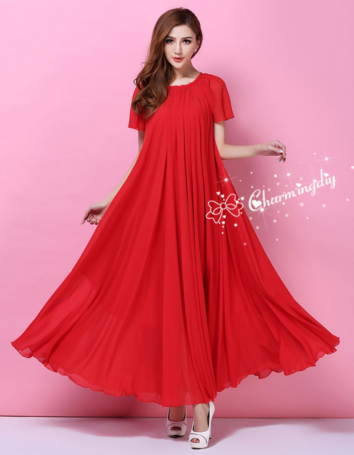 110 Colors Chiffon Red Short Sleeve Long Party Dress Evening | Etsy