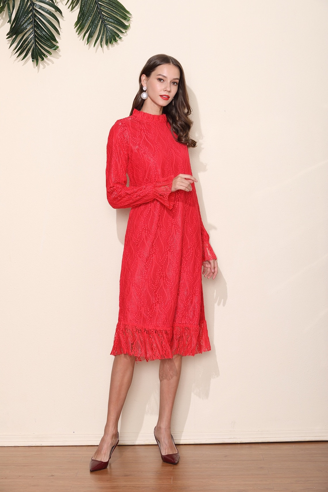 Red Lace Long Sleeve Party Dress Evening Wedding Sundress | Etsy