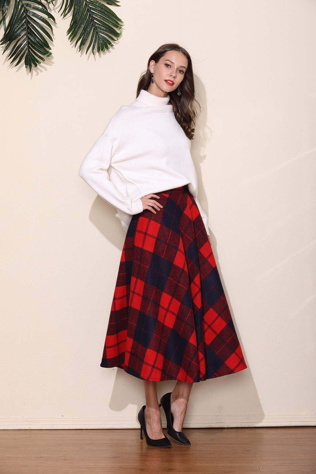 Red Grid Wool Skirt Long Woolen Wool Party Skirt Evening Wedding Big ...