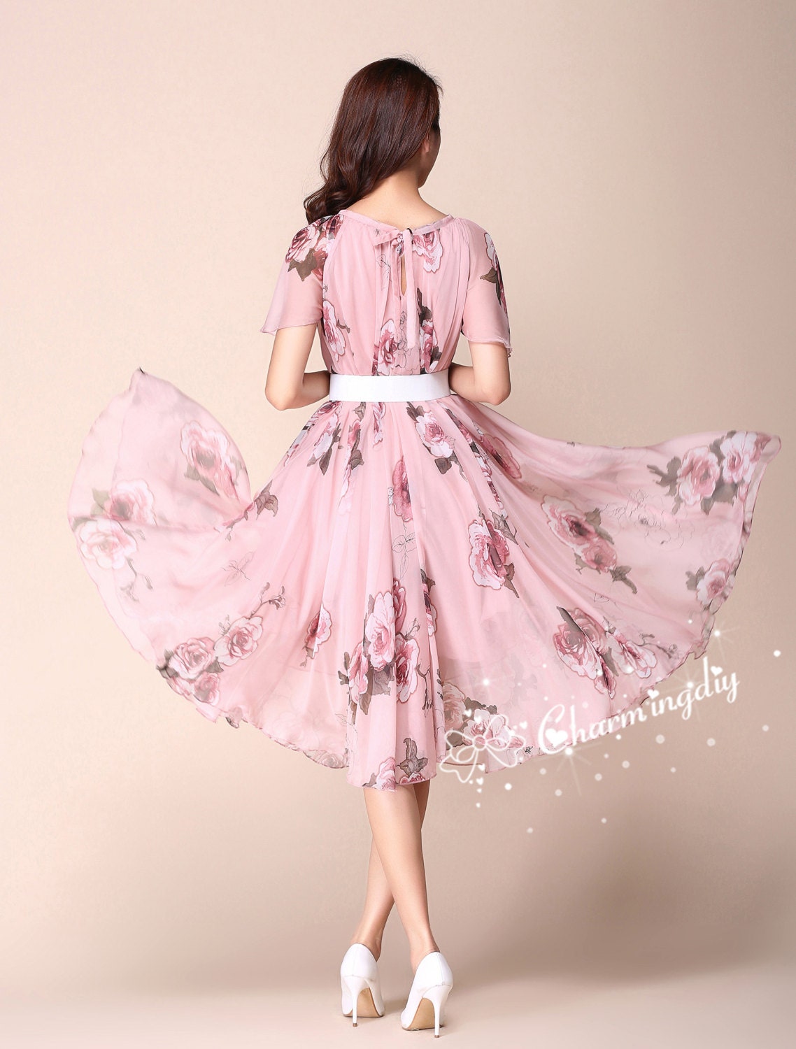 110 Colors Chiffon Pink Rose Flower Short Sleeve Knee Skirt | Etsy