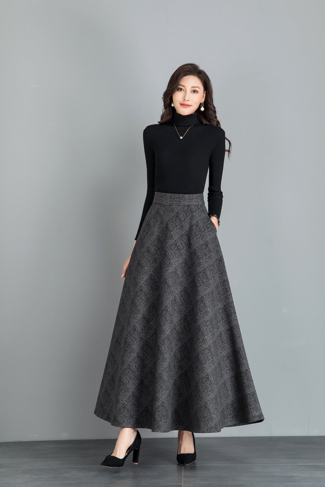 Dark Grey Grid Wool Skirt Long Woolen Wool Party Skirt Evening Wedding ...