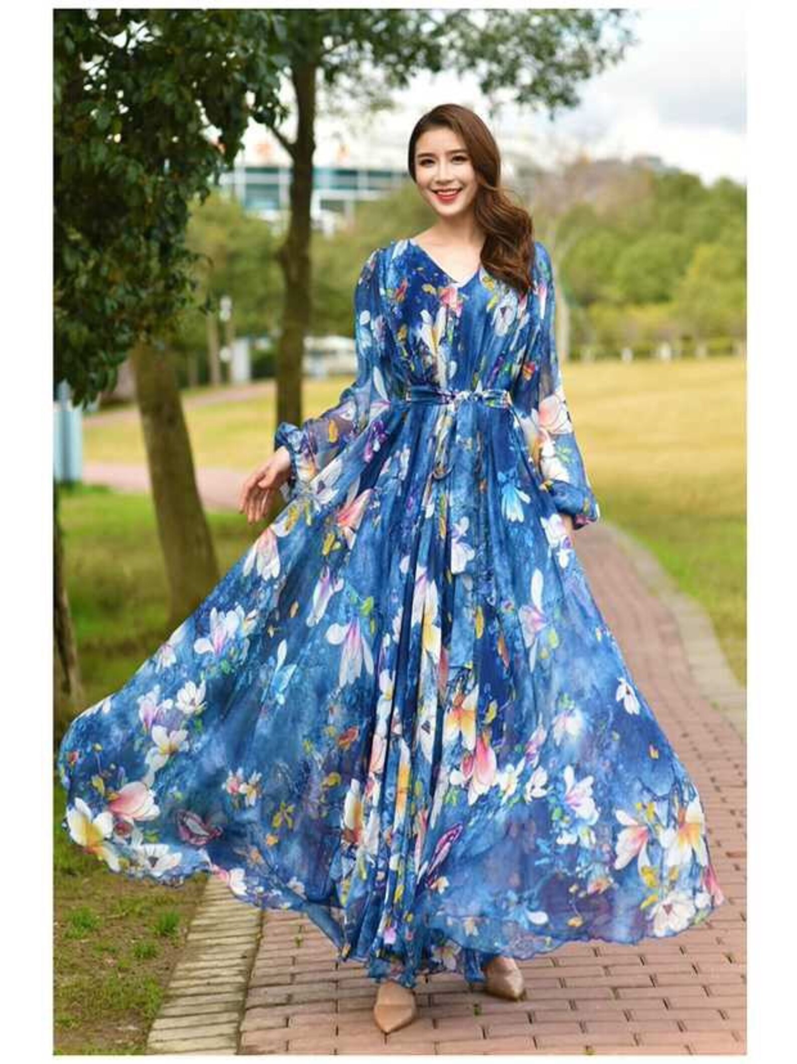 110 Colors Chiffon Blue Floral V Neck Long Sleeve Party Big - Etsy