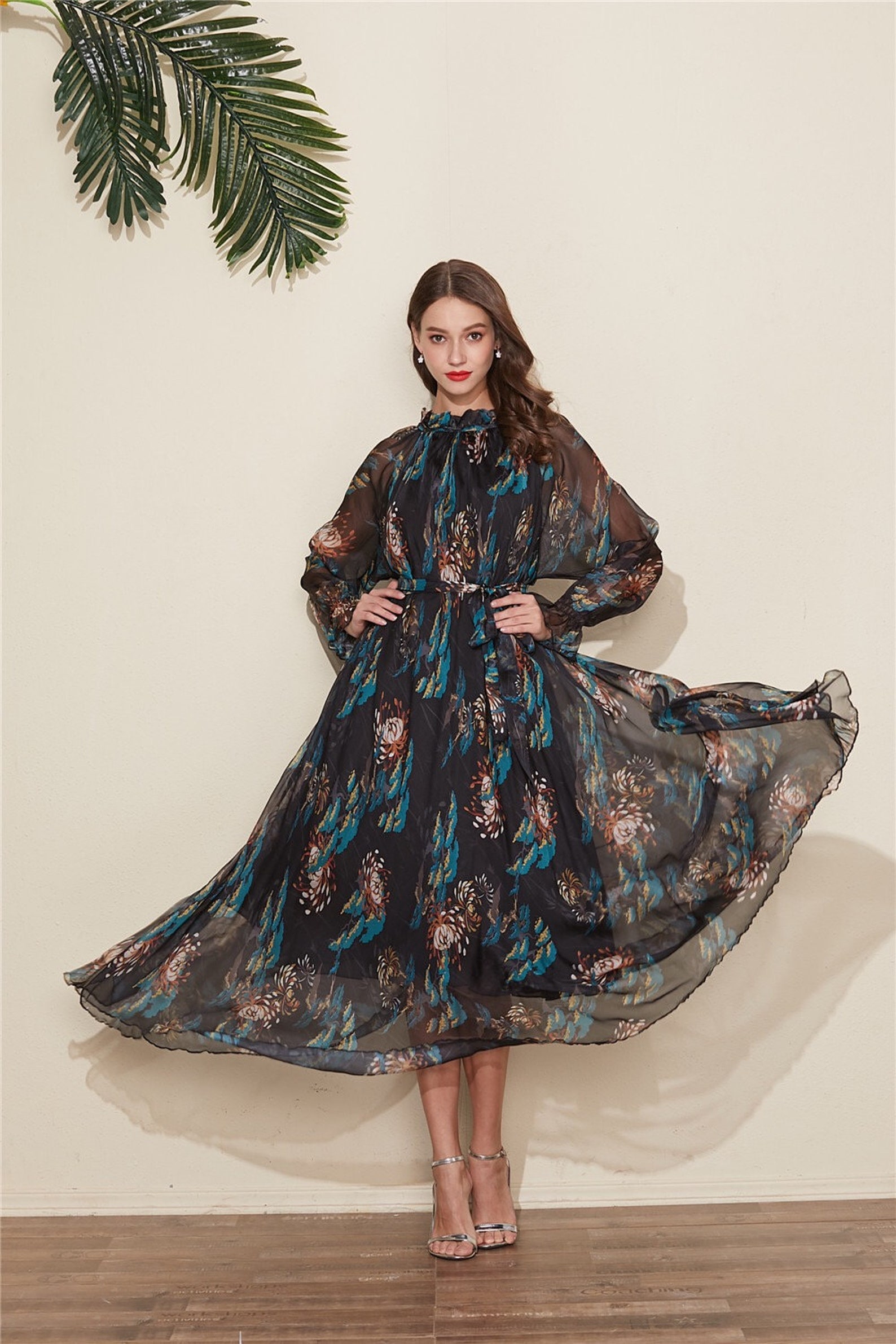 110 Colors Chiffon Blue Black Flower Long Sleeve Party Big Hem | Etsy