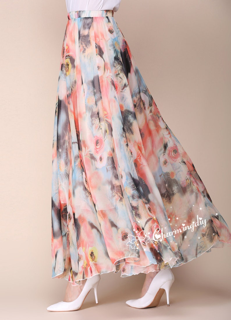 110 Farben rosa Blumen Chiffon Rock lange Maxi Sommerkleid - Etsy.de