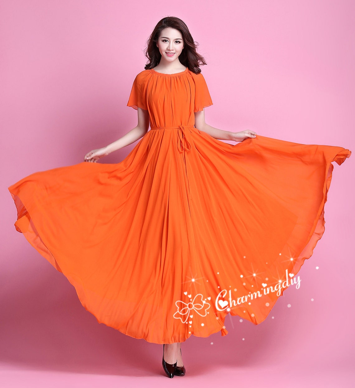 110 Colors Chiffon Orange Short Sleeve Long Party Dress - Etsy