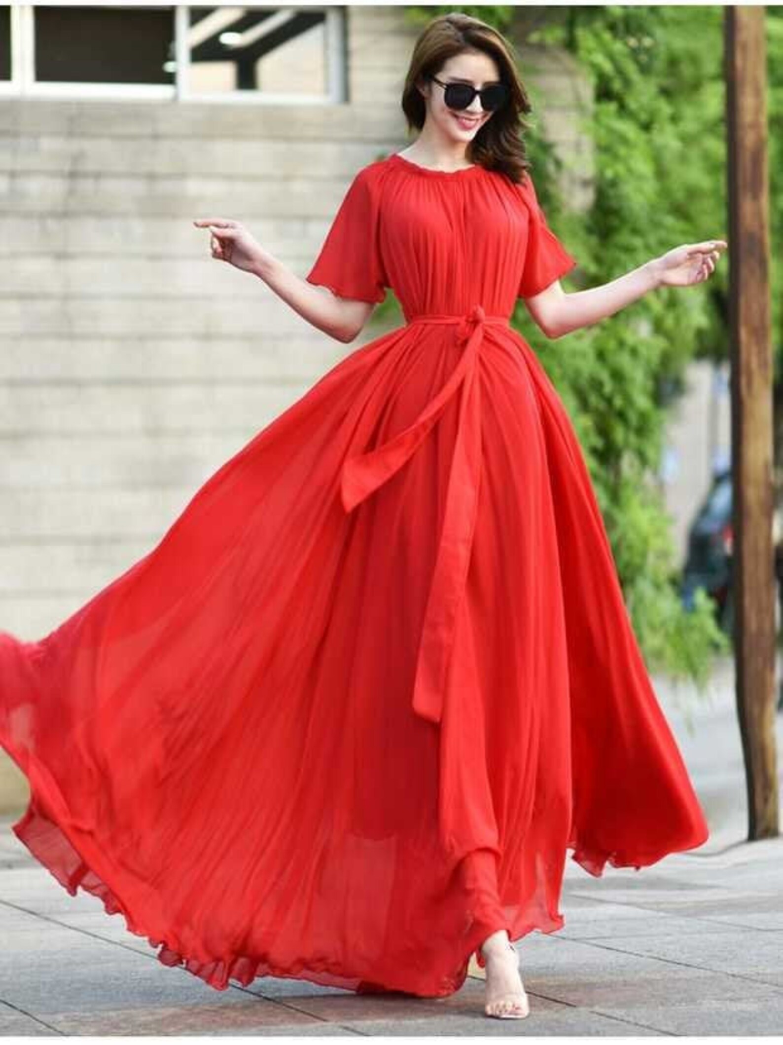 110 Colors Chiffon Red Short Sleeve Round Neck Long Party | Etsy