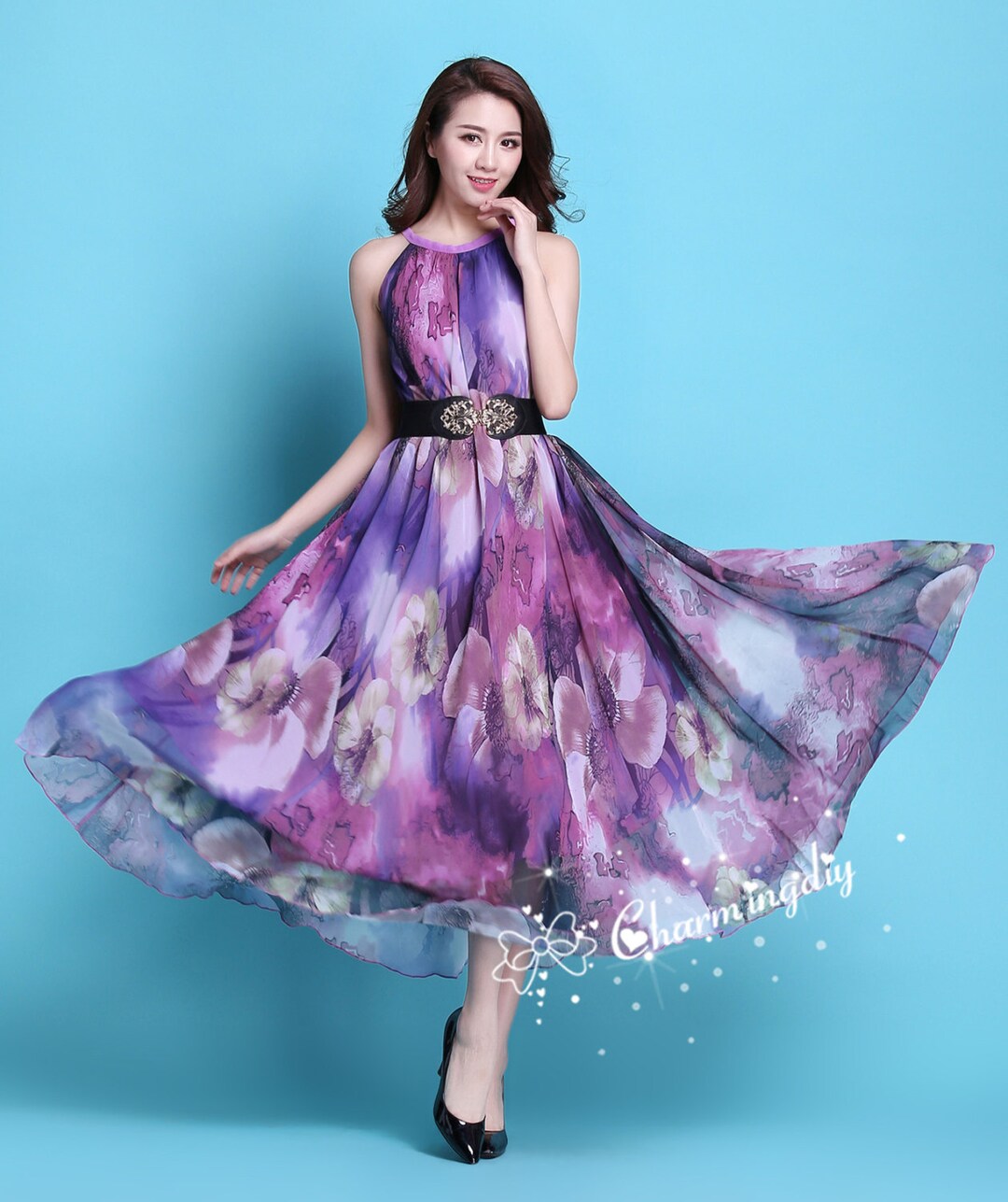90 Colors Chiffon Purple Flower Long Party Dress Evening Wedding ...