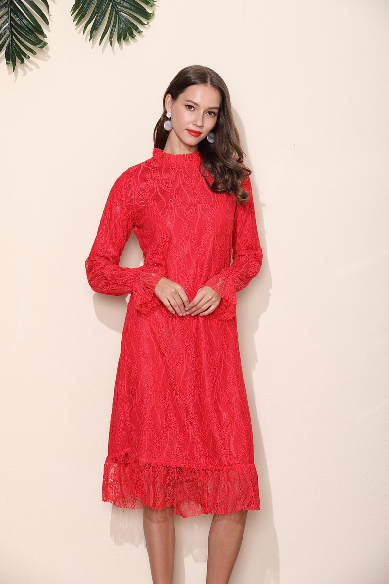 Red Lace Long Sleeve Party Dress Evening Wedding Sundress | Etsy