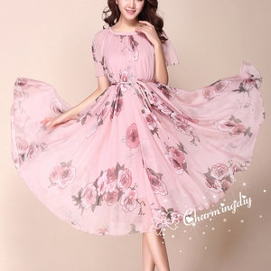 110 Colors Chiffon Pink Rose Flower Short Sleeve Knee Skirt Party ...