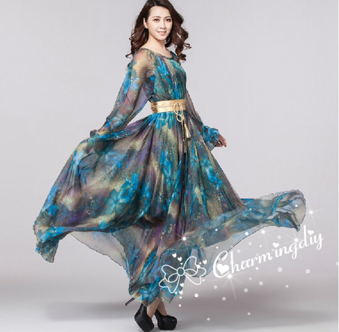 110 Colors Chiffon Blue Floral Autumn Long Sleeve Party Big Hem Dress ...